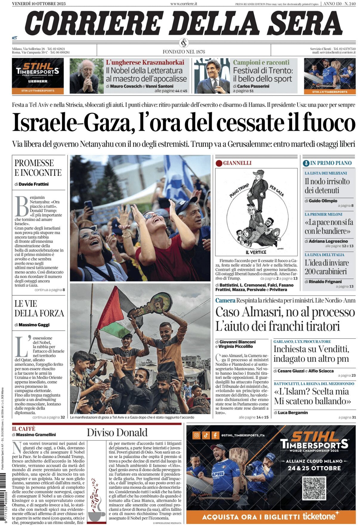 Fotorassegna stampa, le prime pagine dei quotidiani di venerdì 10 ottobre
