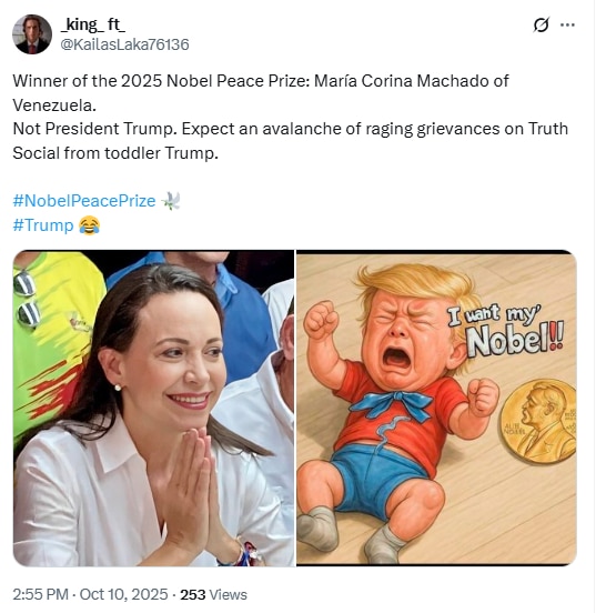 Trump cries 'I want my Nobel' after Peace Prize snub in hilarious memes