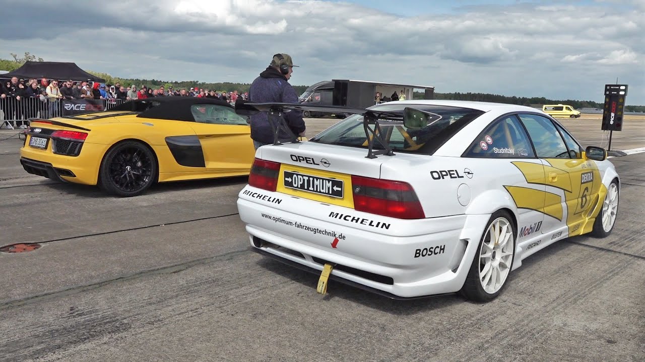 Drag race: Opel Calibra 4x4 600CV contro Audi R8 V10 Plus Spyder