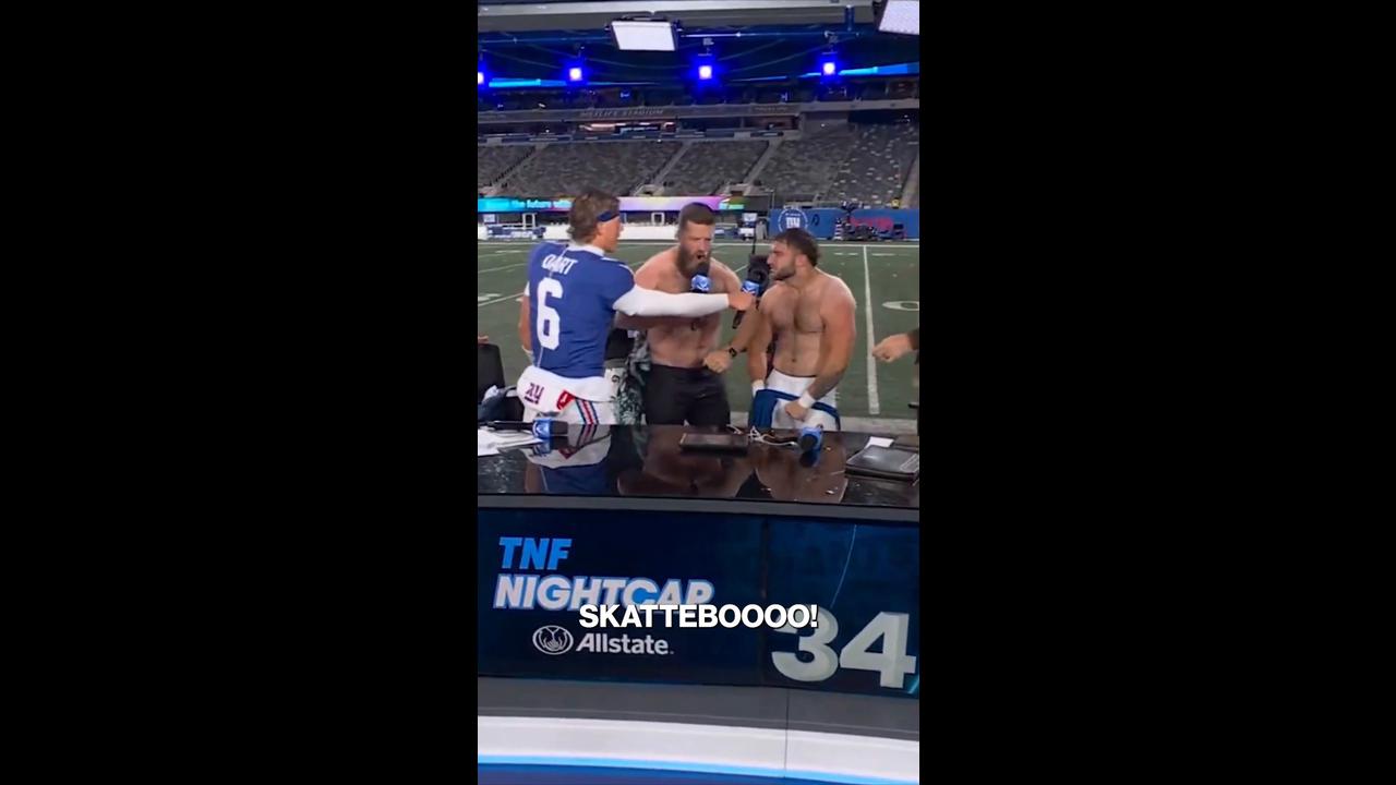 Cam Skattebo & Ryan Fitzpatrick rip shirt off on postgame show