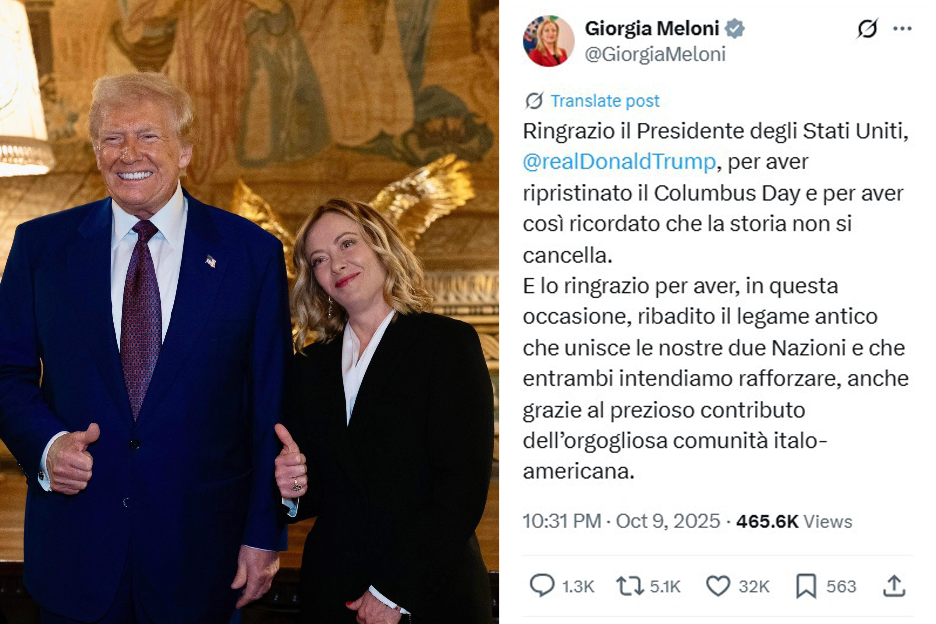 Meloni thanks Trump for restoring Columbus Day