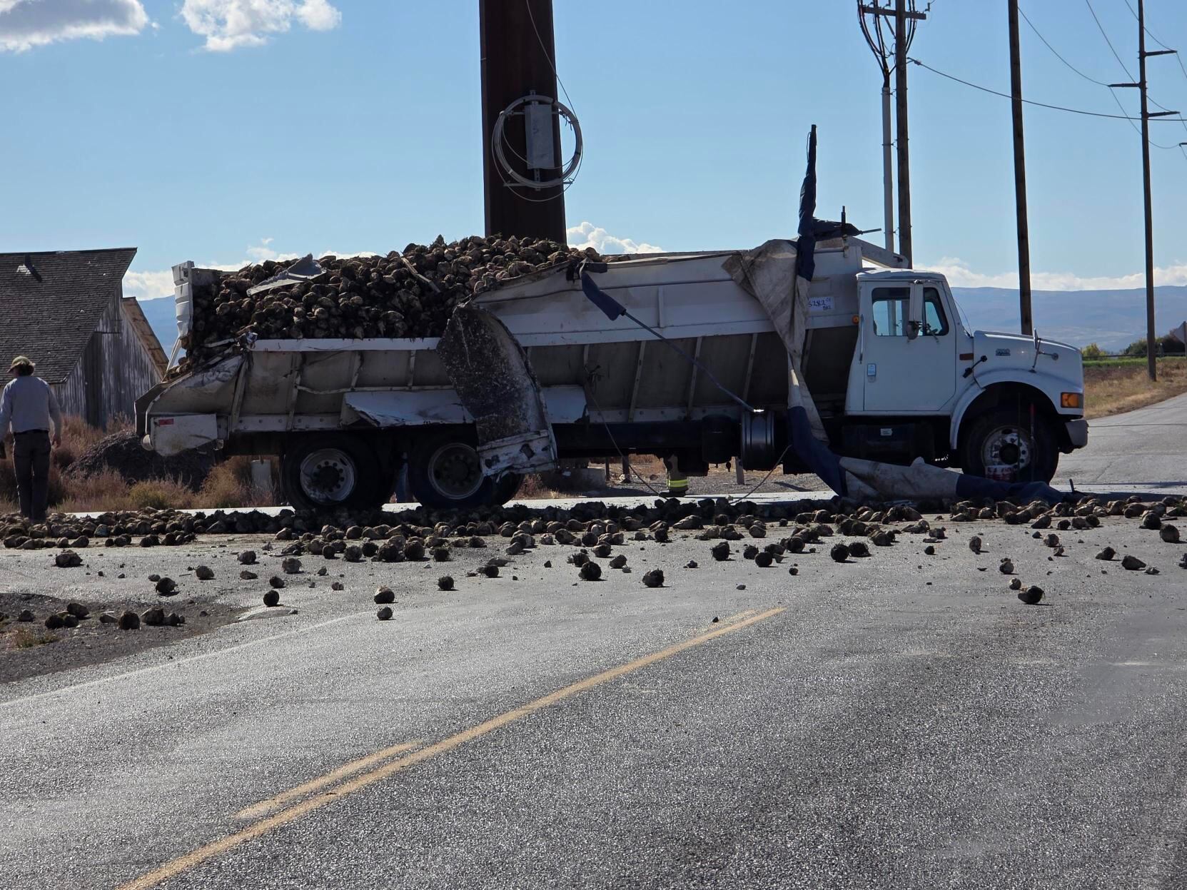 Beet truck hit by potato truck, beets spill all-over road