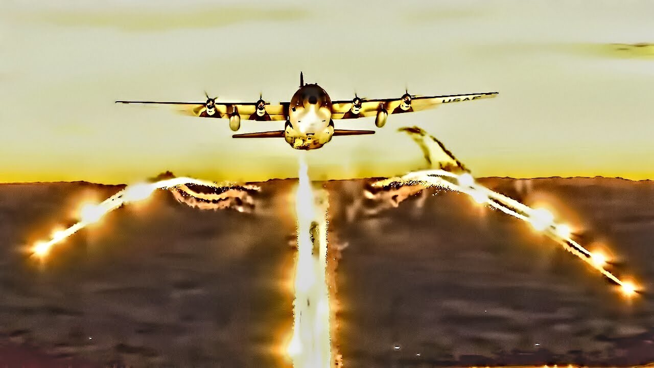 C-130 Hercules Deploys Flares Over Wyoming At Sunset