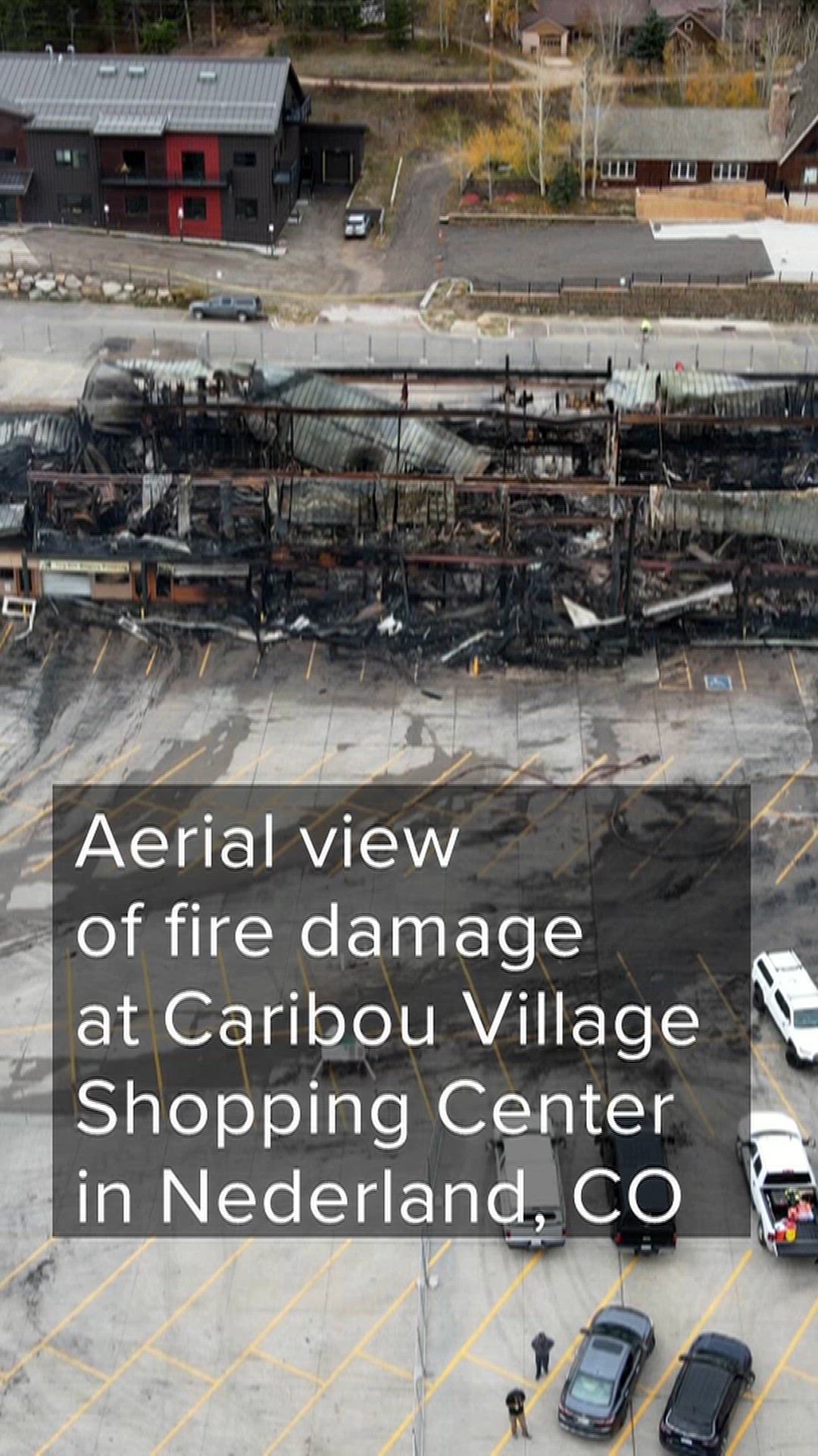 Aerial view of fire damage at shopping plaza in Nederland
