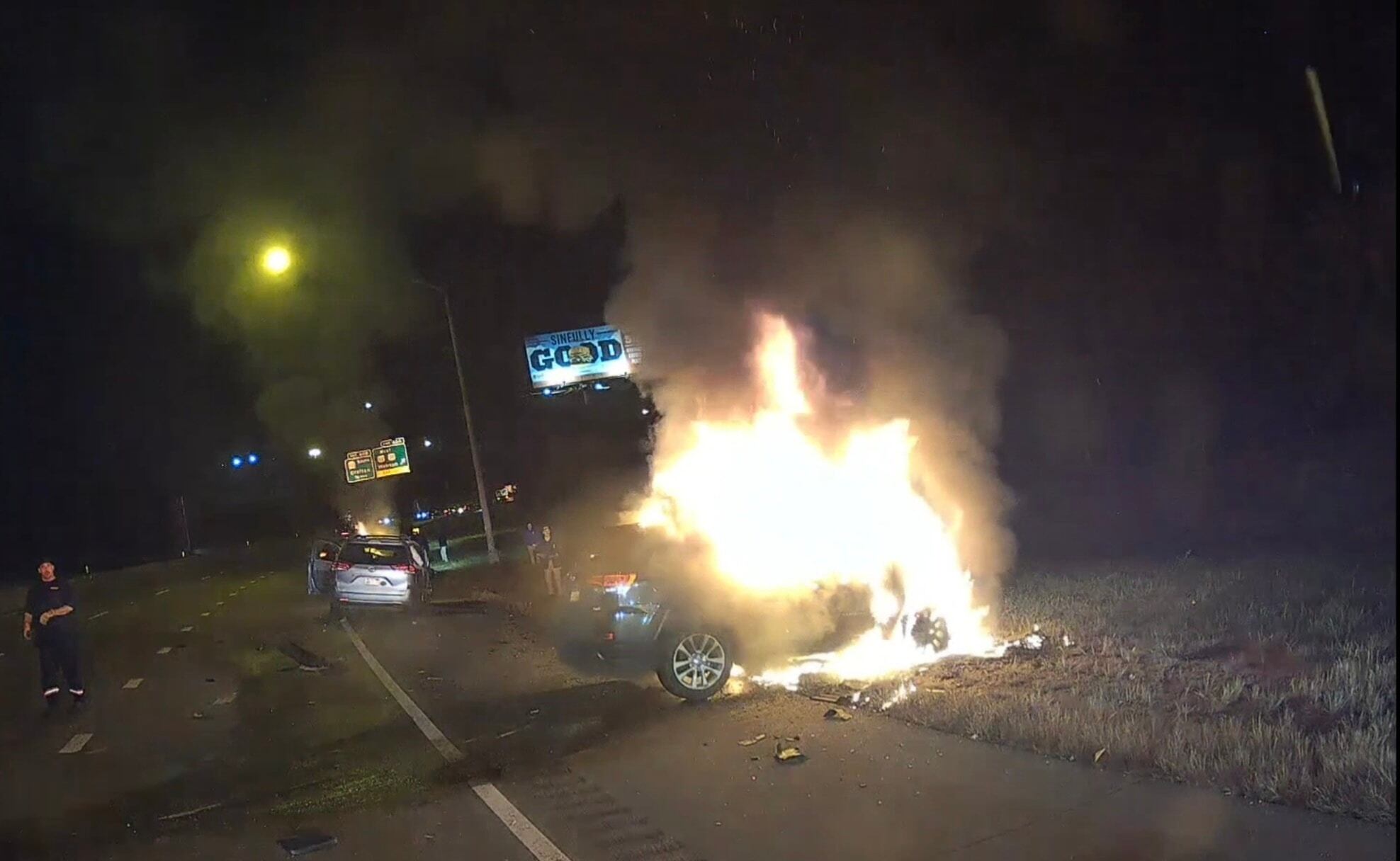 2 people taken to hospital after crash, car fires in Moon Township
