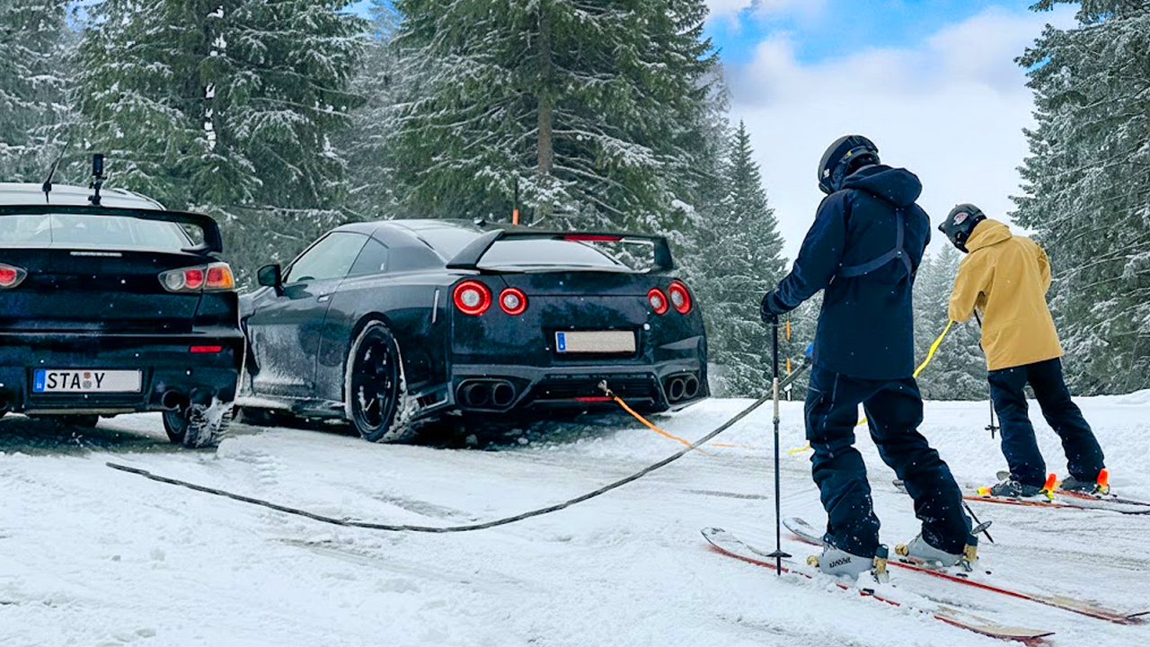 R35 GT-R and EVO X Towing Skiers in Snow
