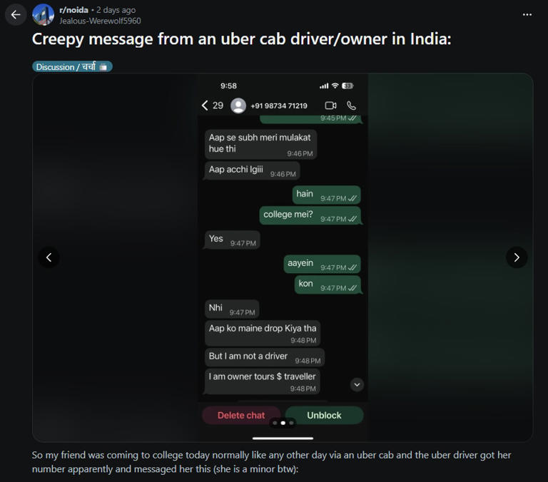 Noida man claims Uber driver texted his friend after ride, sent 'creepy ...
