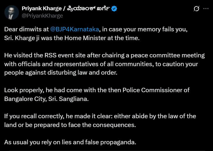 Karnataka BJP, Priyank Kharge clash over letter to Siddaramaiah demanding RSS ban