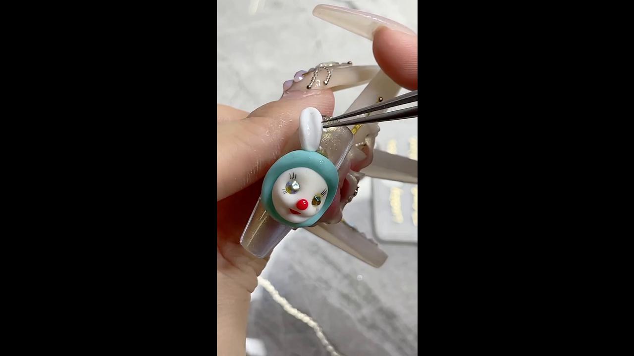 Glossy White With 3D Cute Rabbit Face Nail Art