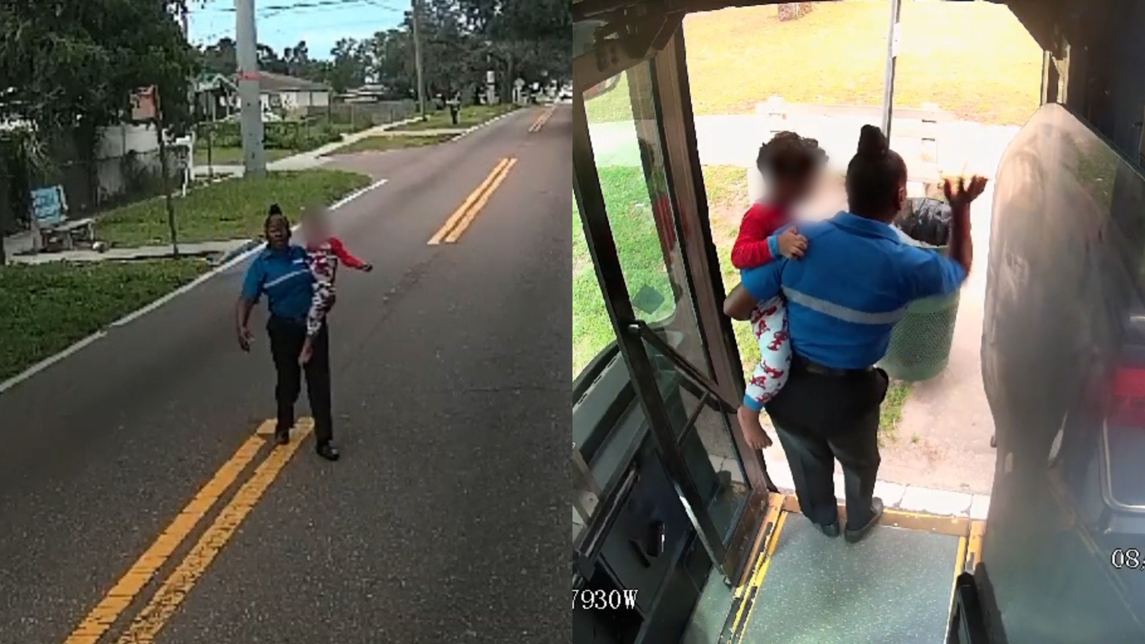 Moment bus driver saves wandering child from busy road
