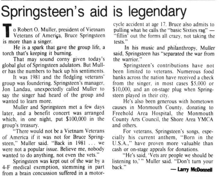 Bruce Springsteen's aid to vets, food banks, is legendary (1985)