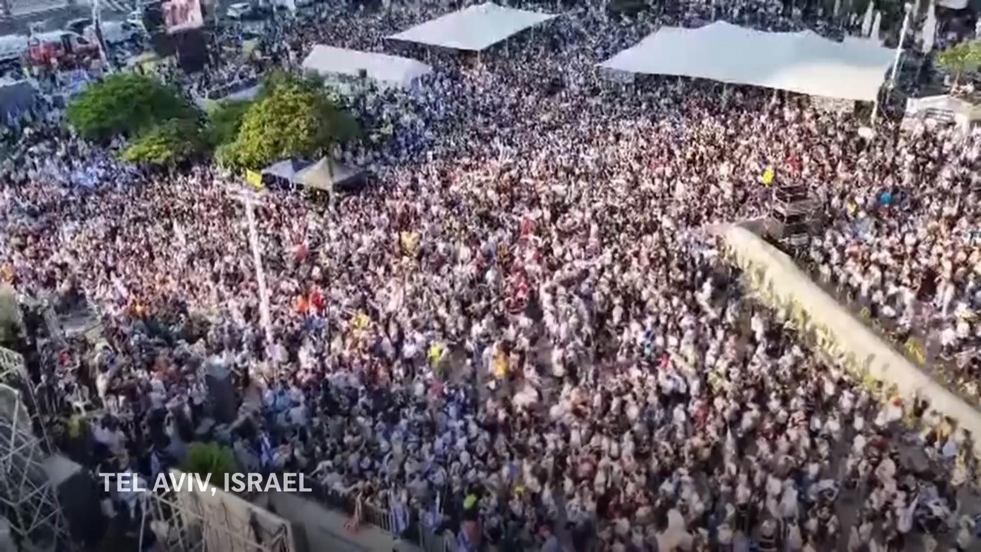 Aerials show thousands gathered at Hostages Square, Tel Aviv, as ...