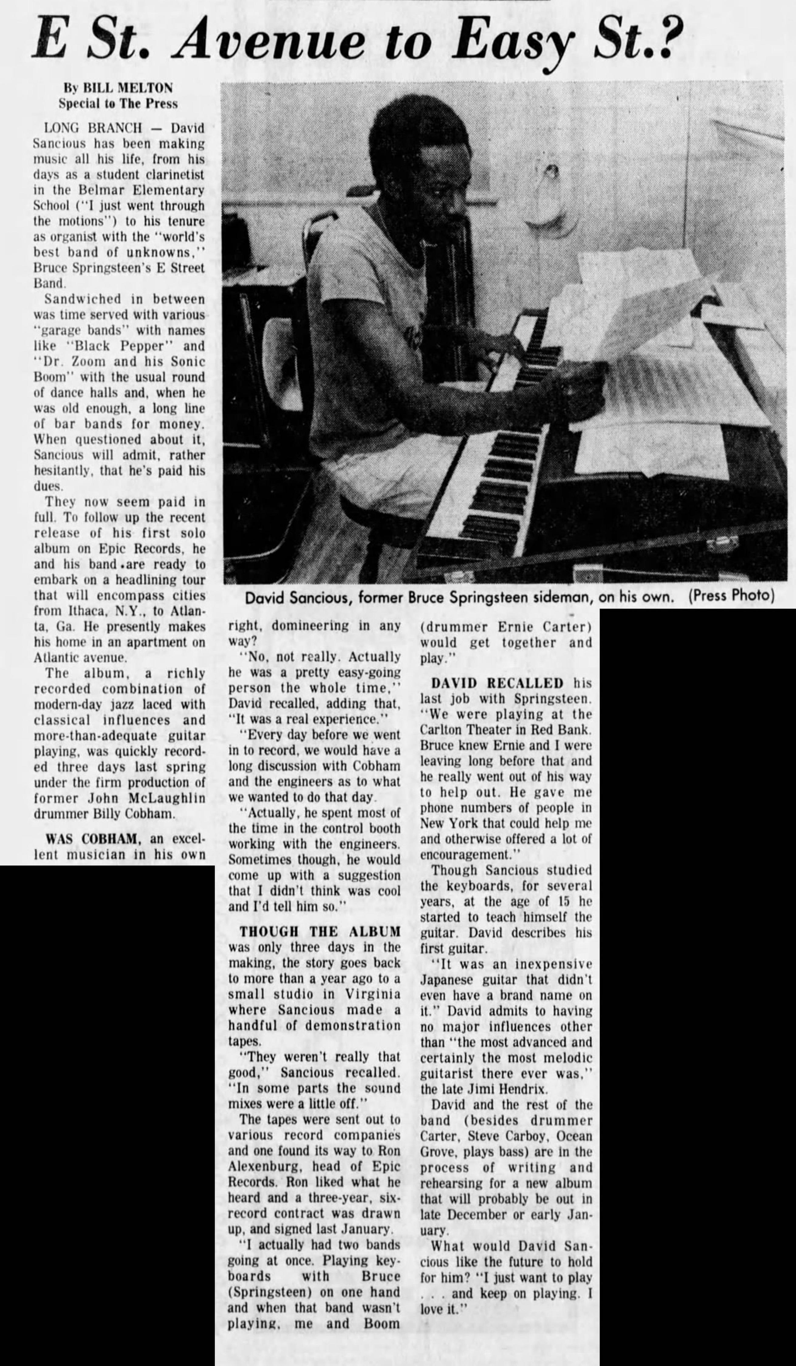 Is David Sancious moving from E Street to Easy Street? (1975)