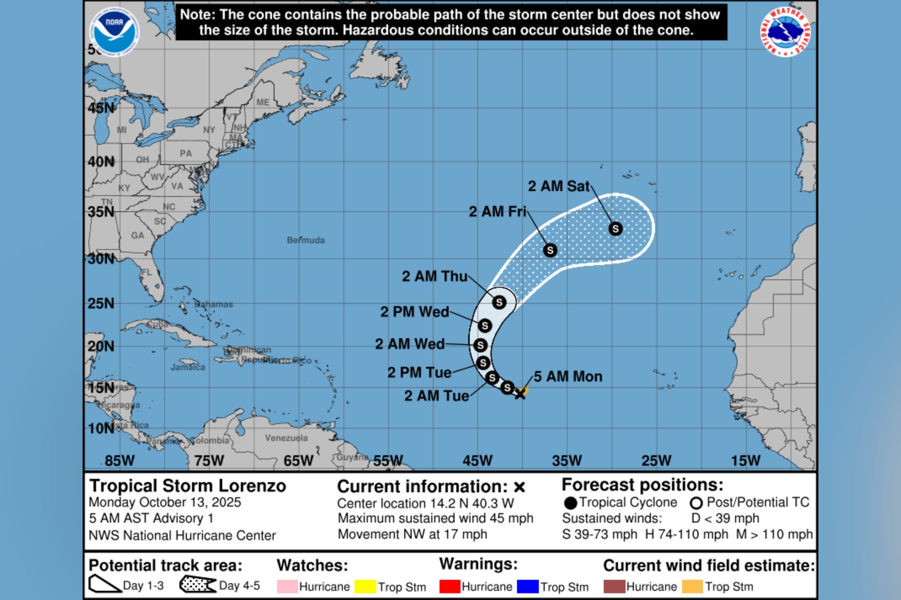Tropical Storm Lorenzo path, update after formation