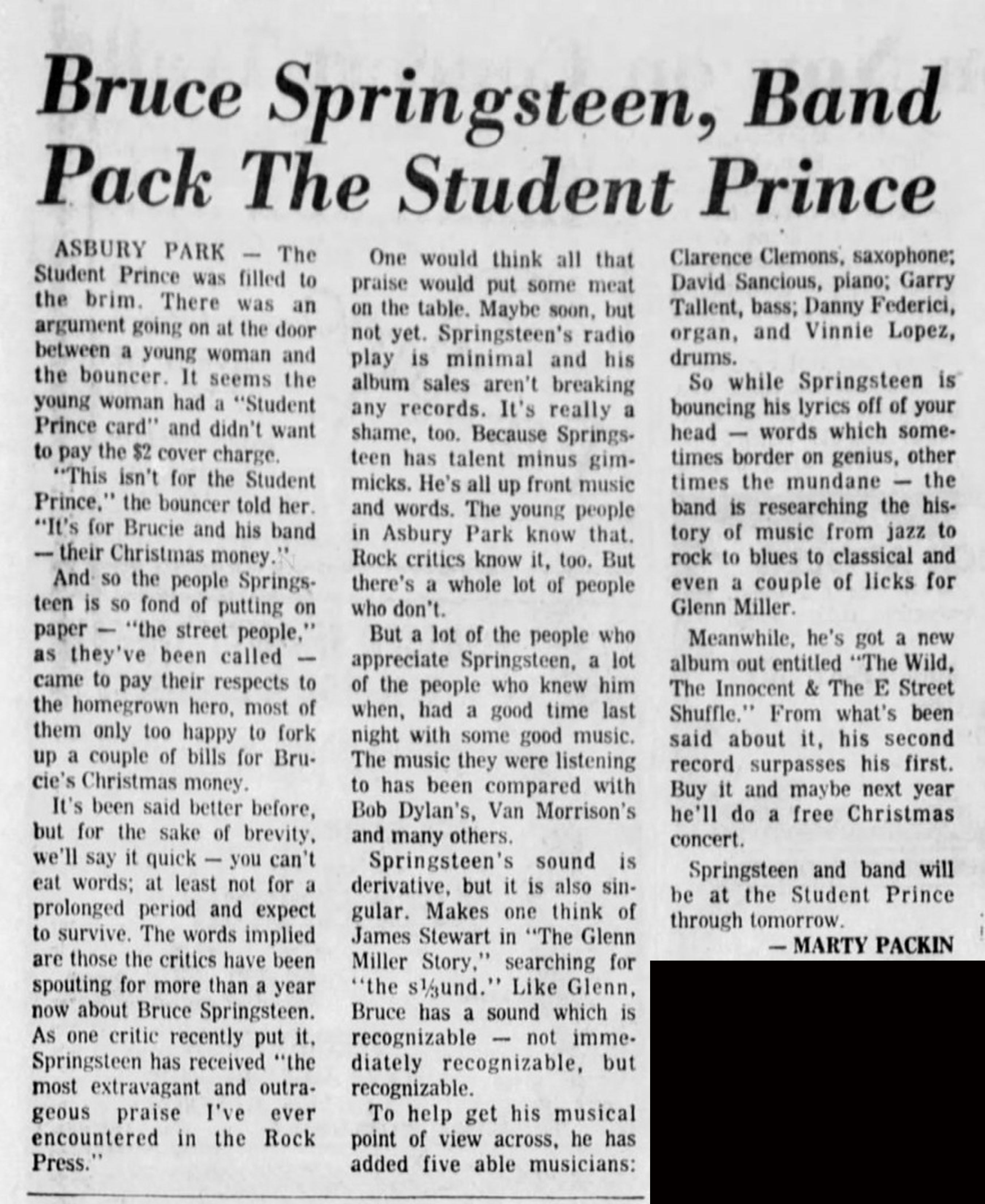 Springsteen, band pack the Student Prince (1973)