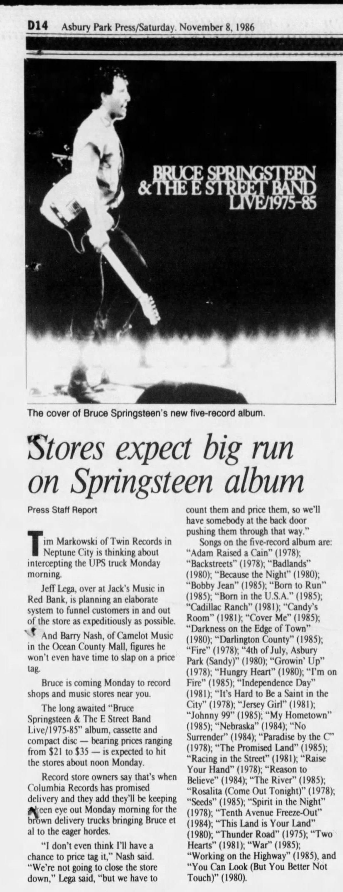 Stores expect big run on Springsteen 'Live' album (1986)