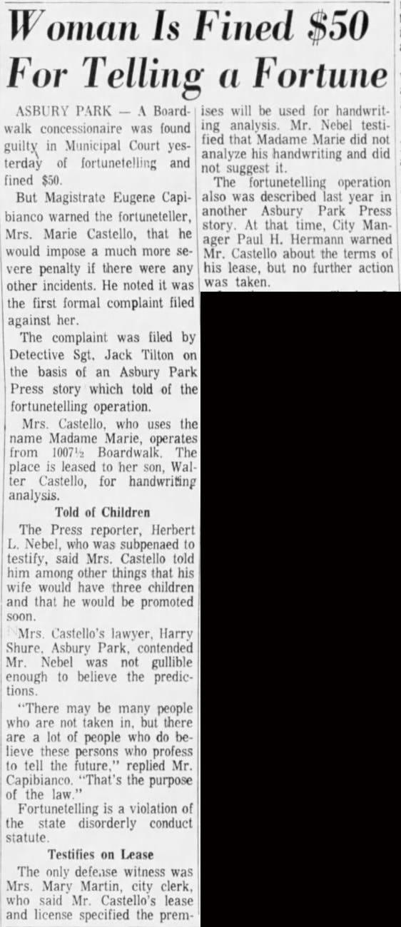 Madam Marie fined for telling a fortune on Asbury Park boardwalk (1967)