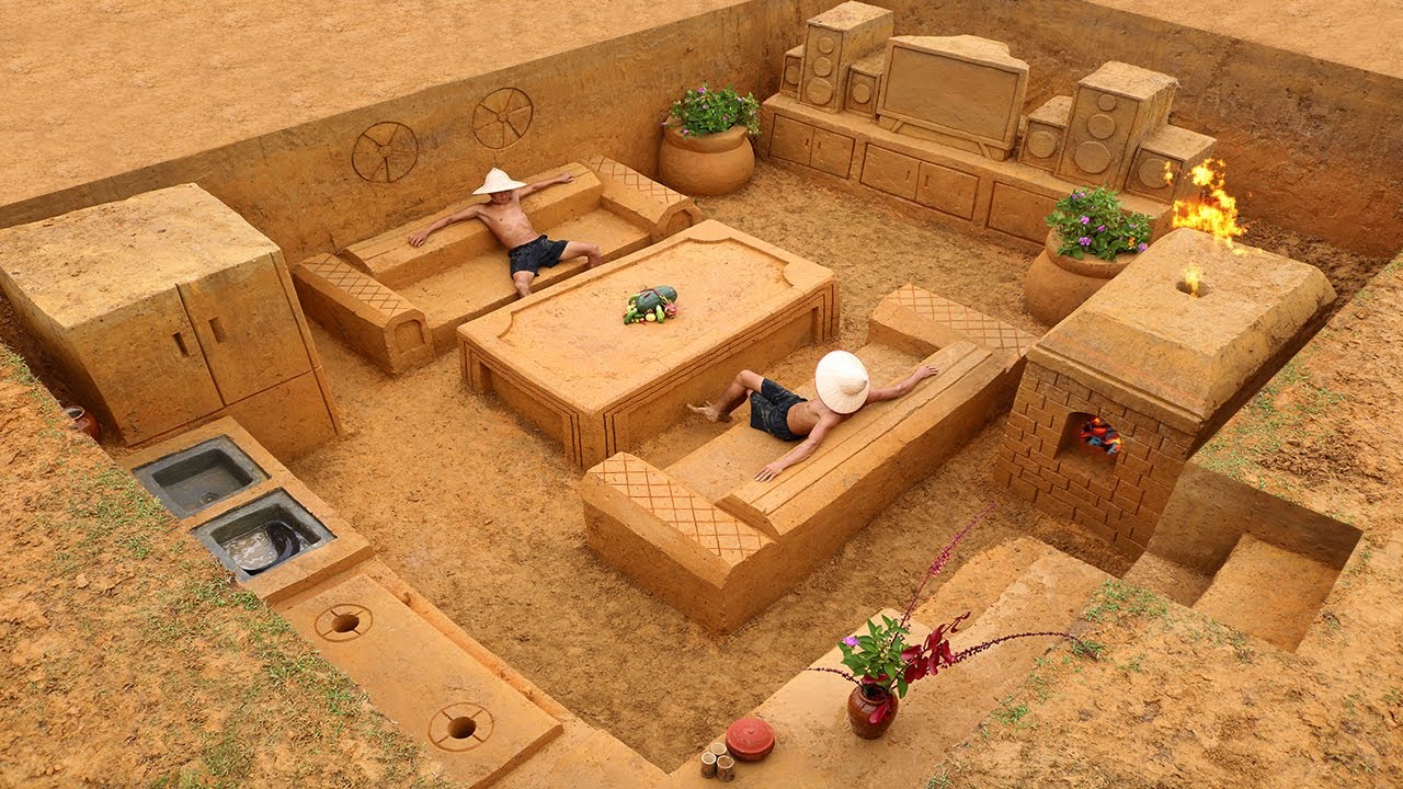 Construire une maison souterraine unique avec salon et cuisine