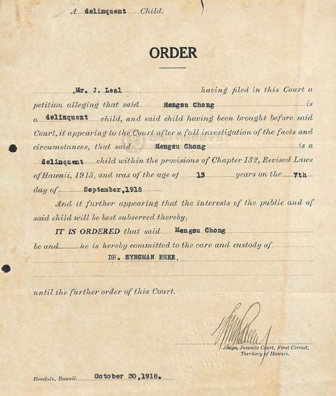 Hawaii Court Trusts Rhee Syng-man With Delinquent Child