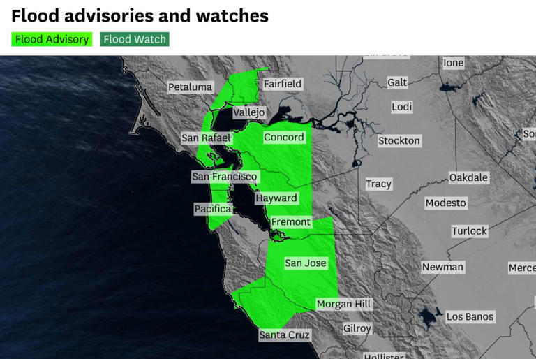 Map shows where Bay Area flood advisories are in effect into Monday evening