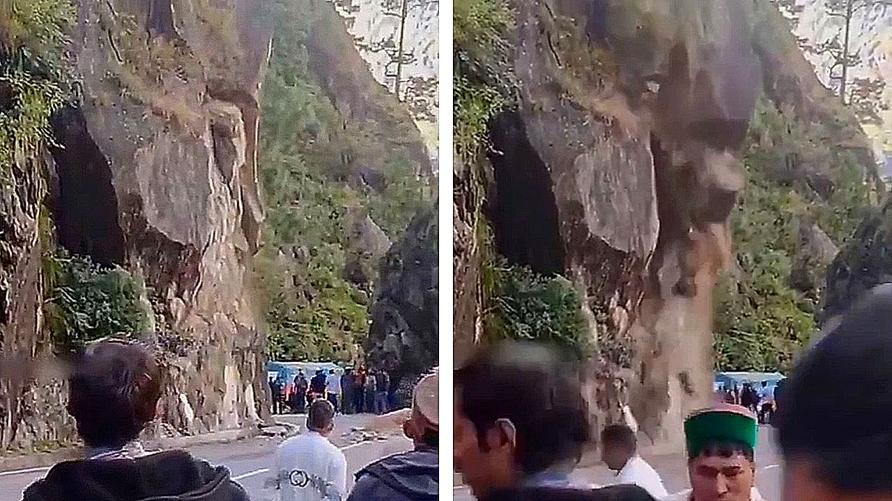 Massive boulders crash down onto mountain road in India
