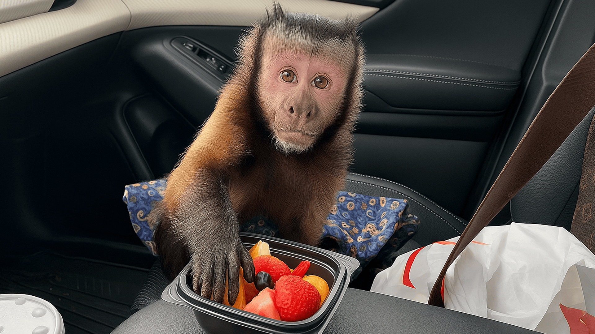 Monkey Enjoys Fresh Fruit Snack in the Car