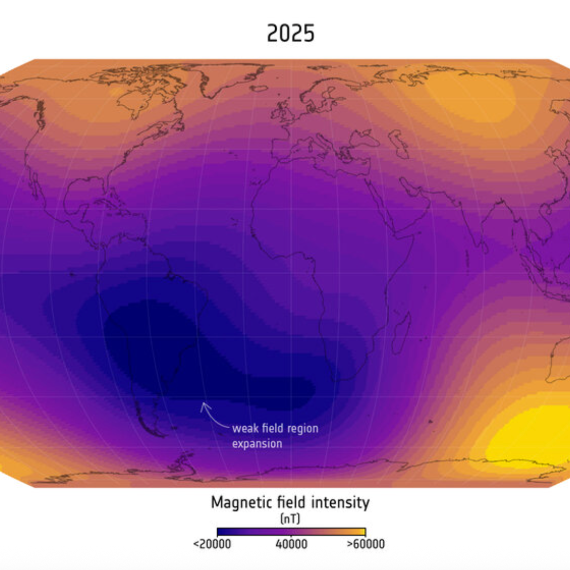 Weak spot in Earth's magnetic field keeps growing, satellites show