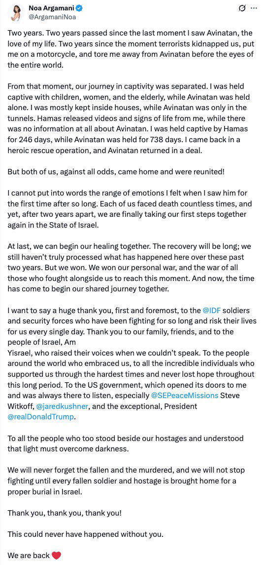 Freed hostage Noa Argamani celebrates reunion with boyfriend Avinatan ...