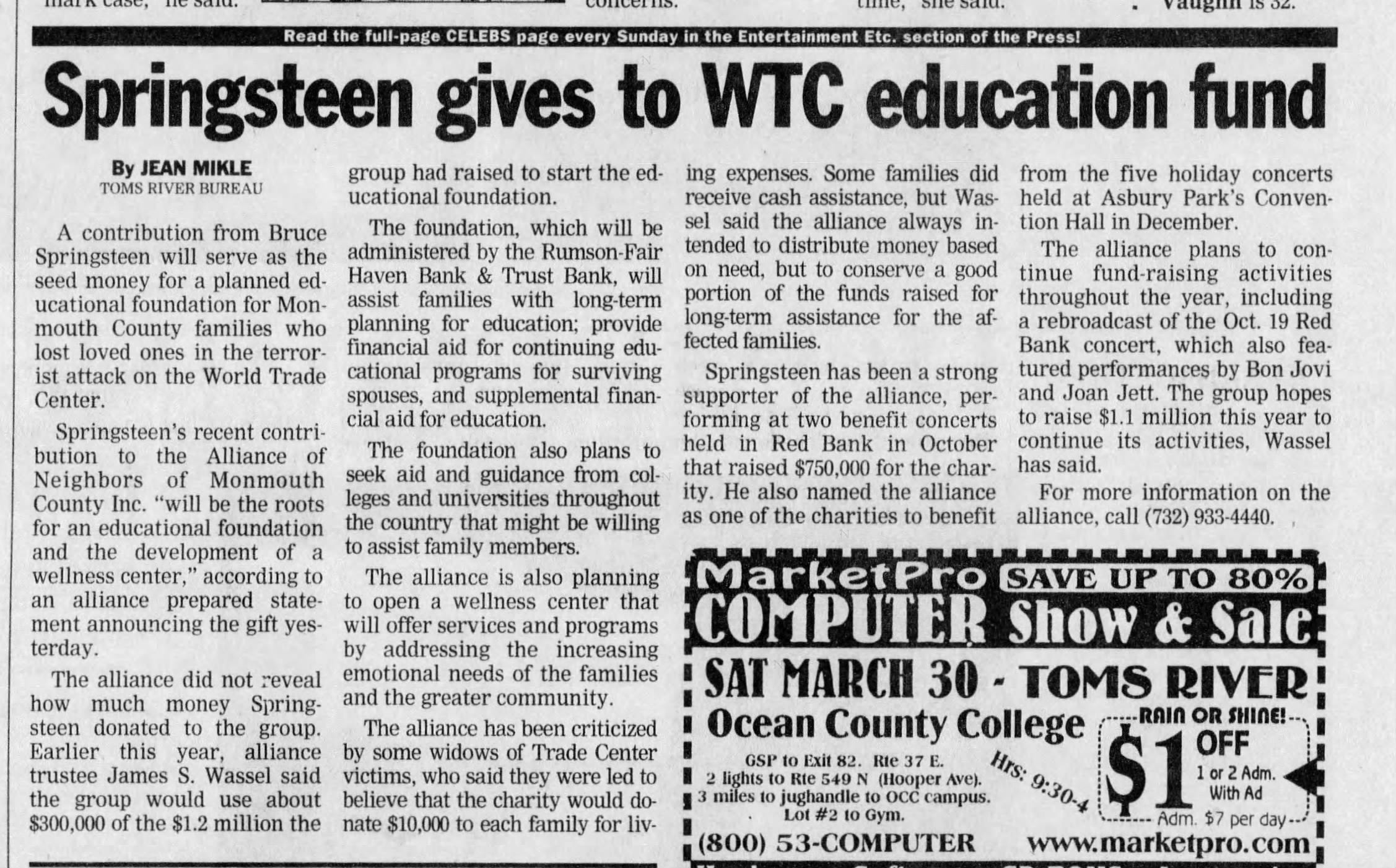Springsteen gives to WTC education fund (2002)