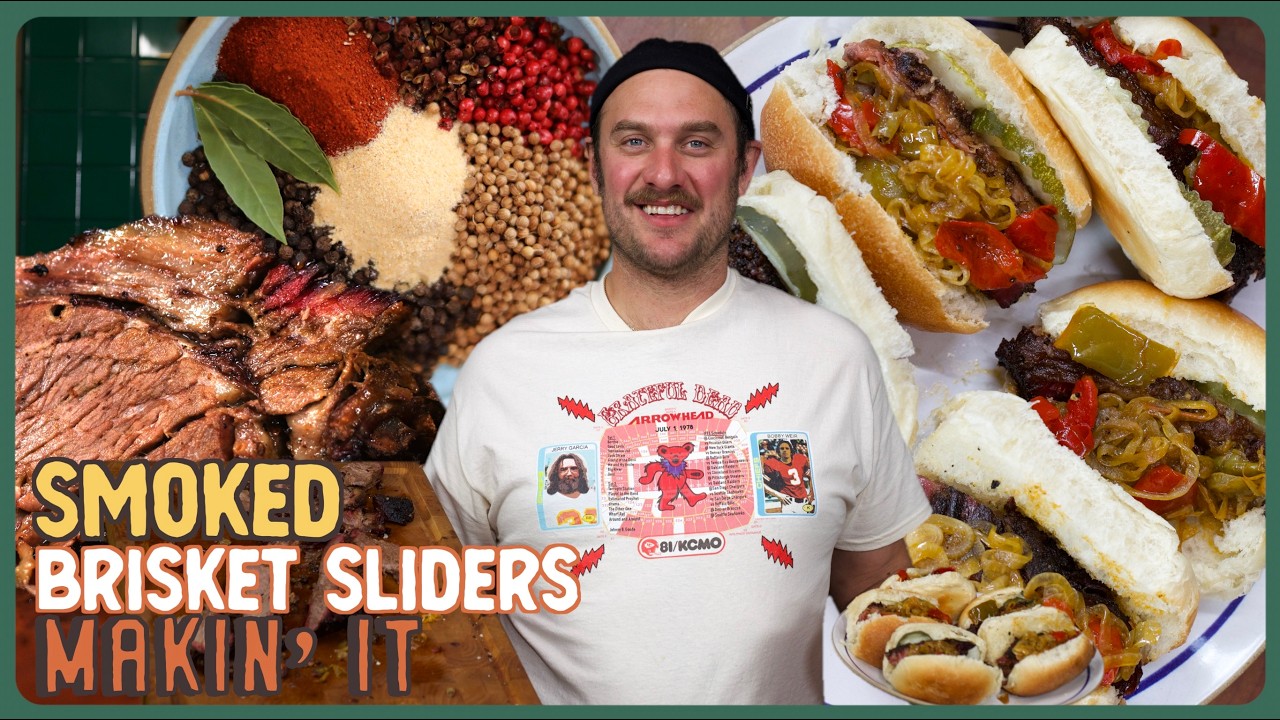 Smoke a beef brisket sandwich with peppers and onions