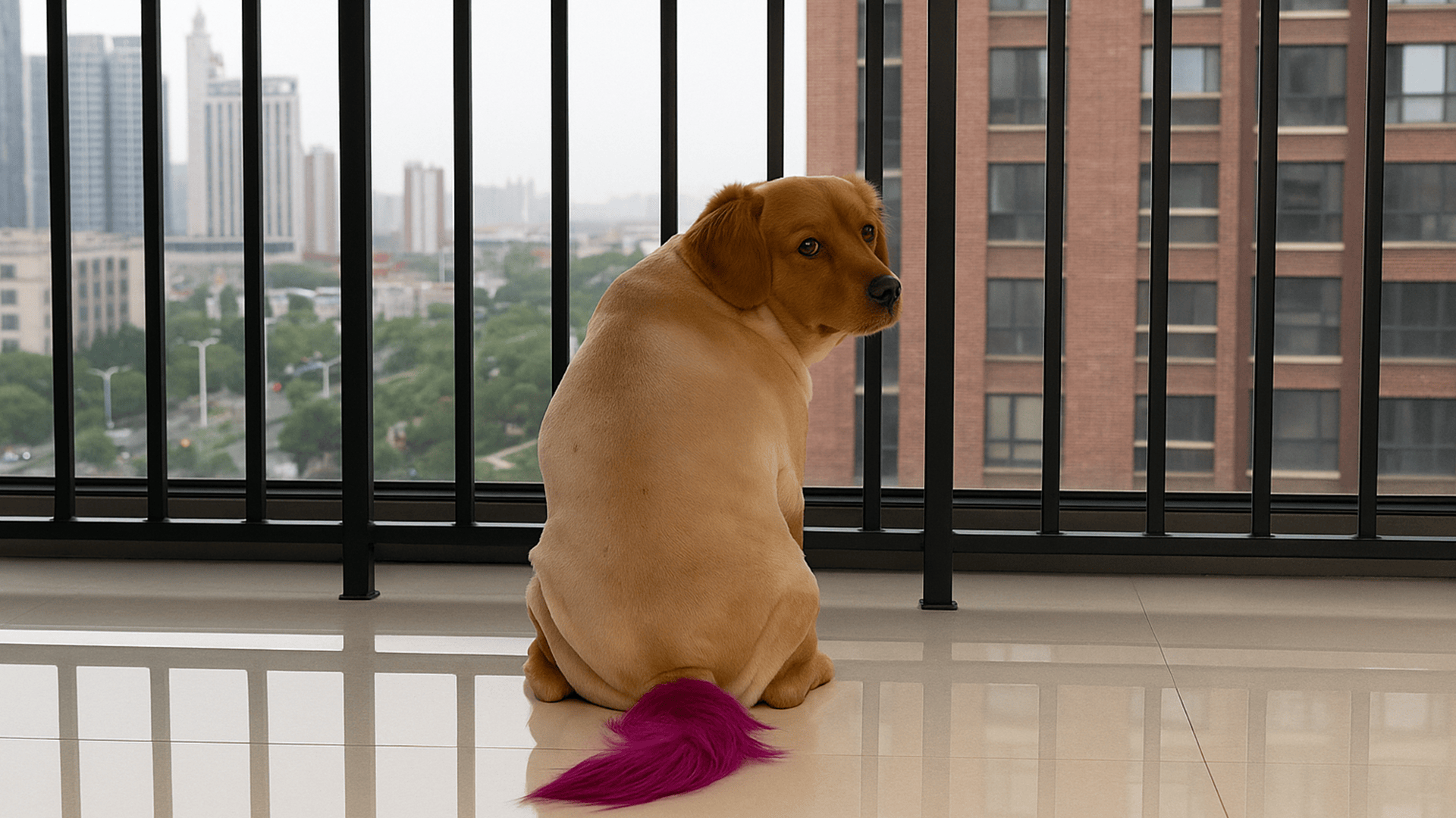 Hond met Paarse Staart Kijkt uit over de Stad