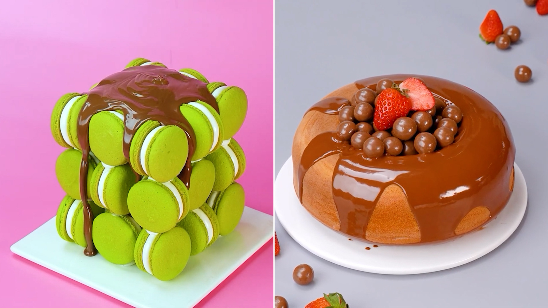 Green Macaron Tower and Chocolate Glazed Cake