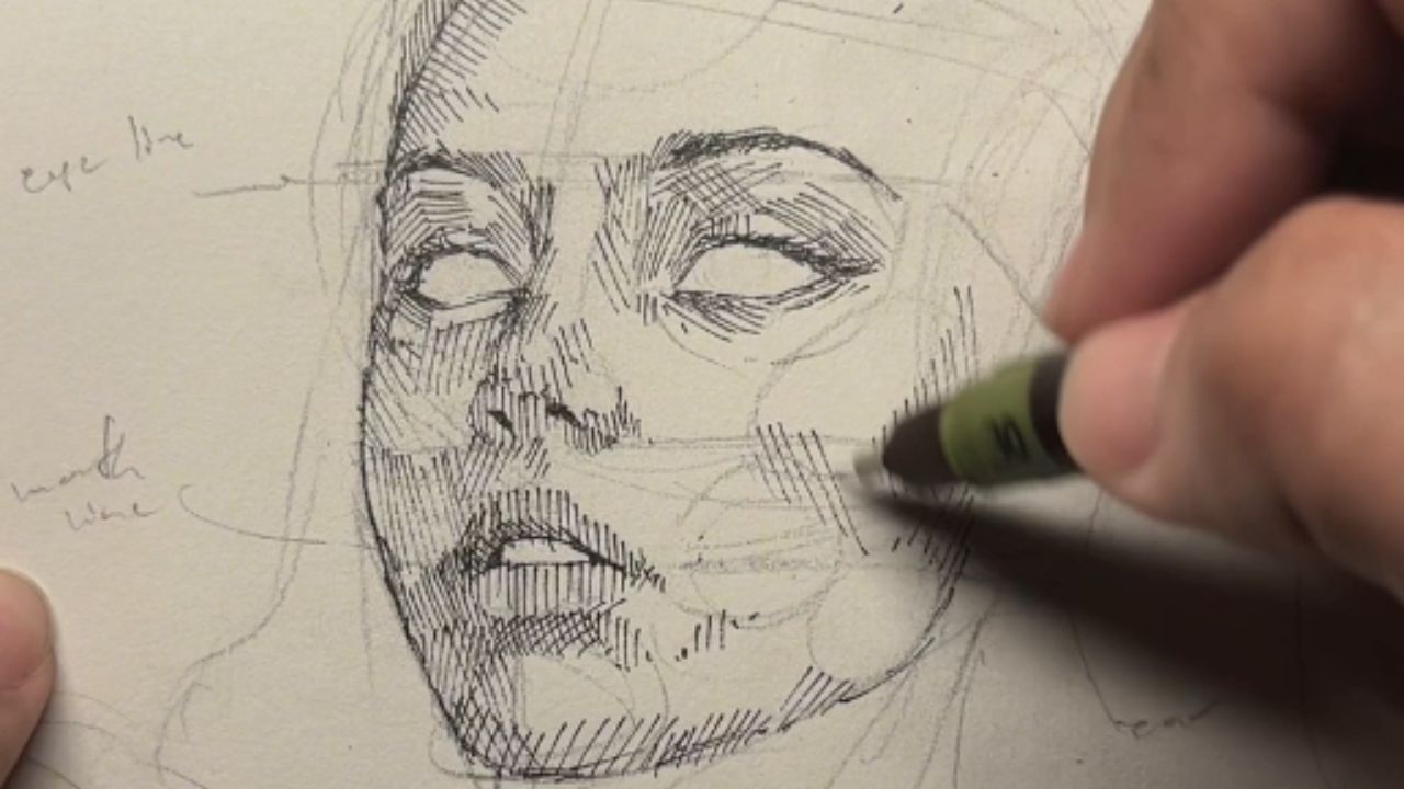 Crosshatched drawing of a crowned girl with bleeding forehead and eye