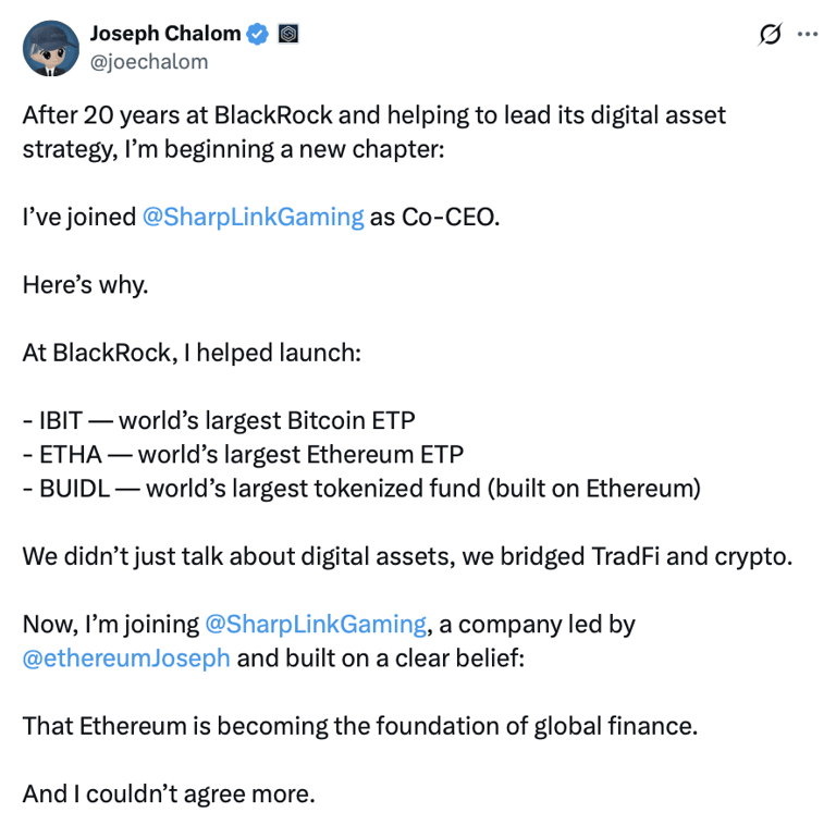 Sharplink exec shocked by level of BTC and ETH ETF hodling: Joseph Chalom