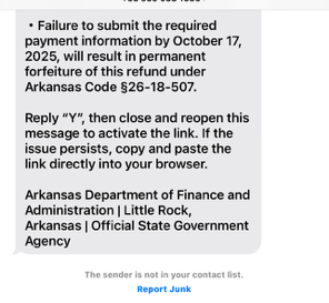 Arkansas DFA reports new scam text seeking bank details