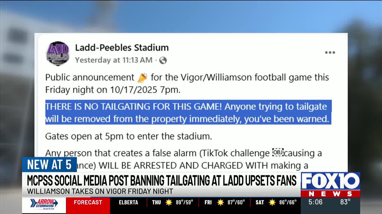 Facebook post warning against tailgating at Ladd-Peebles Stadium ...