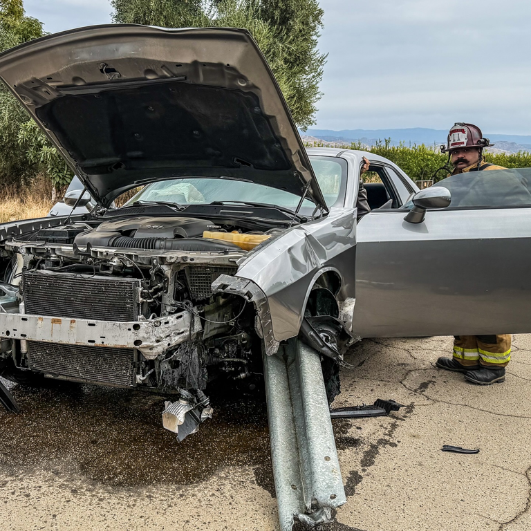 Guardrail impales car after driver swerves for dog in Fresno County