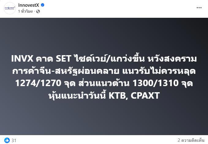 INVX คาด SET ไซด์เวย์/แกว่งขึ้น หวังสงครามการค้าจีน-สหรัฐผ่อนคลาย