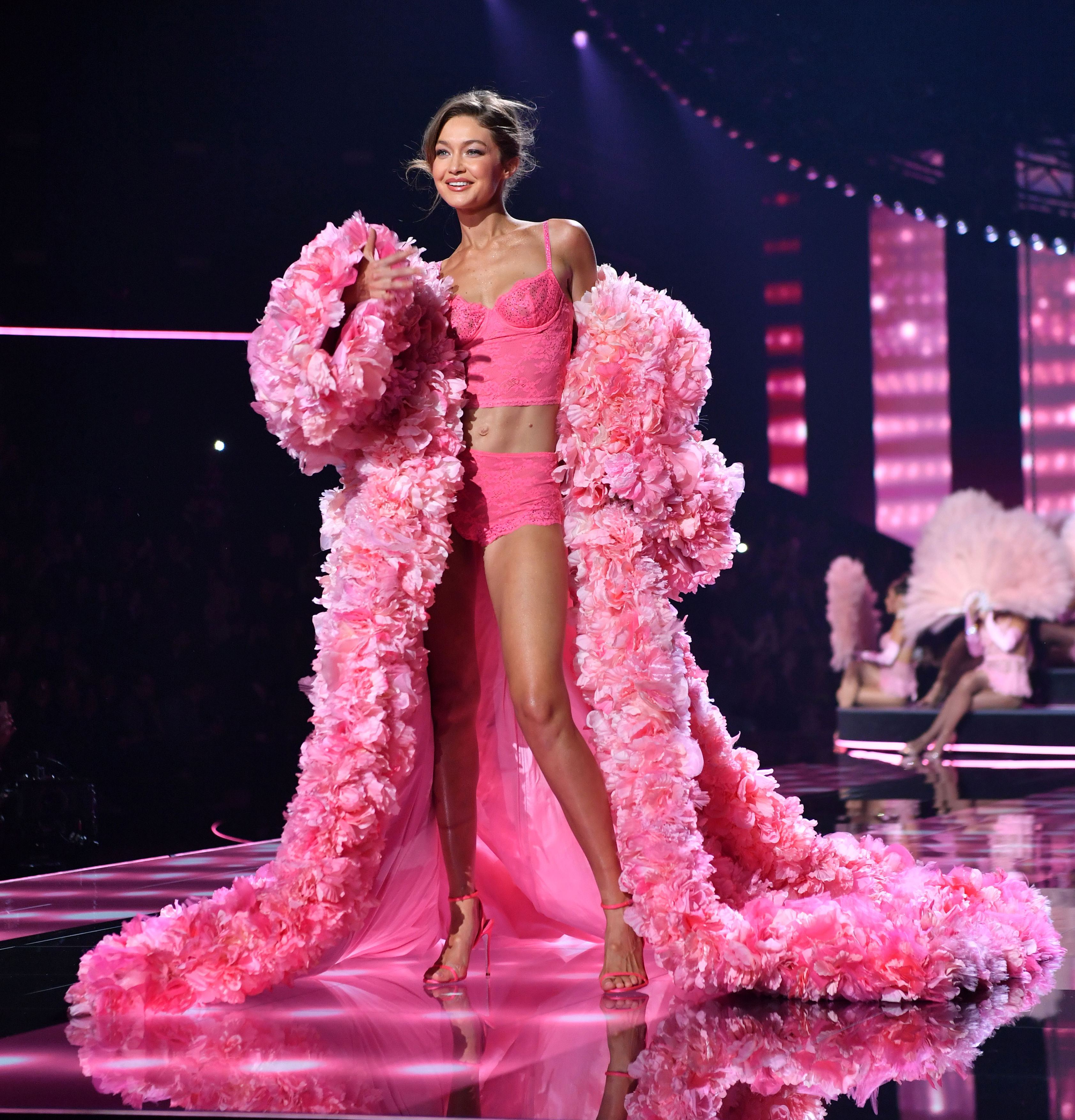 Gigi Hadid wows in pink petals and lace on the Victoria’s Secret ...