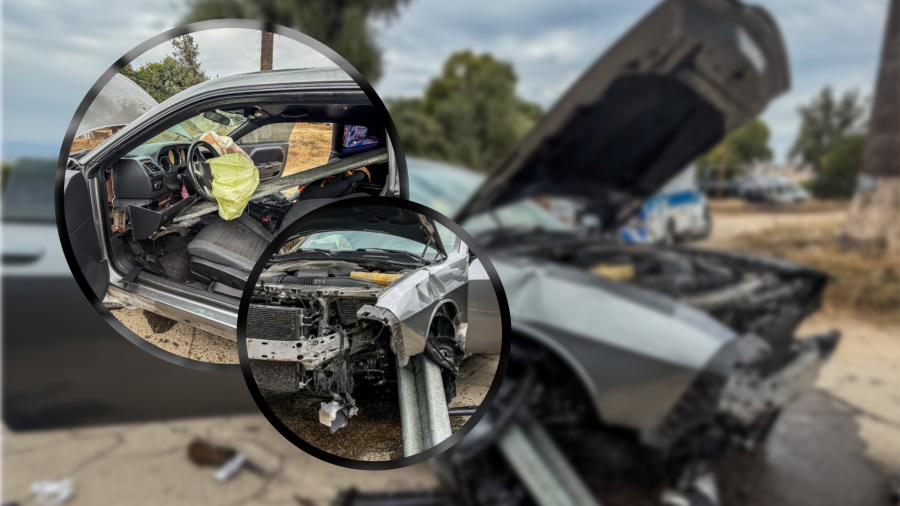 Guardrail impales car after driver swerves for dog in Fresno County