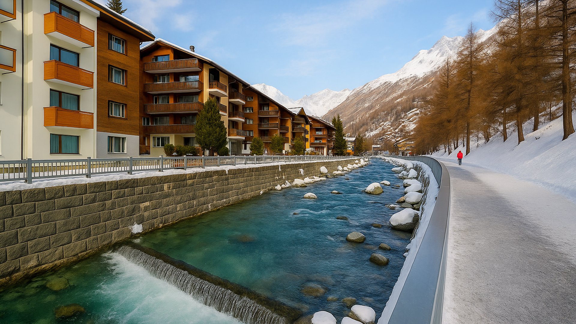 Zermatt, Suiza – Paseo Nevado junto al Río en los Alpes (4K)