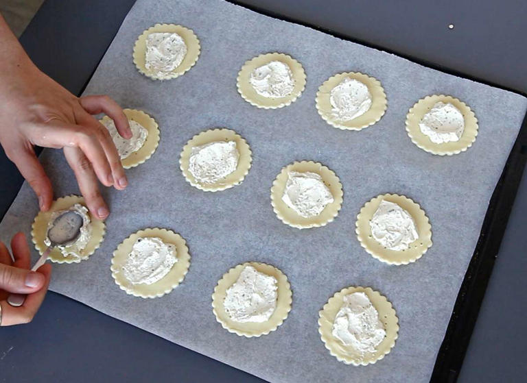 Halloween tarts with mushrooms and garlic-herb cheese