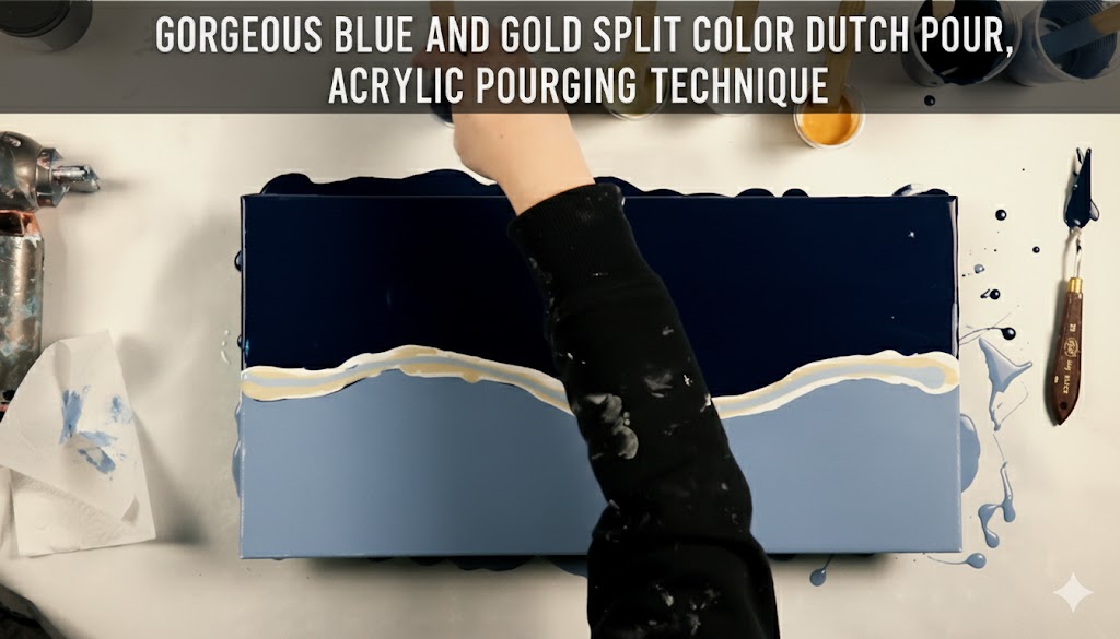 Elegant Blue & Gold Split Color Dutch Pour | Acrylic Pouring Masterpiece