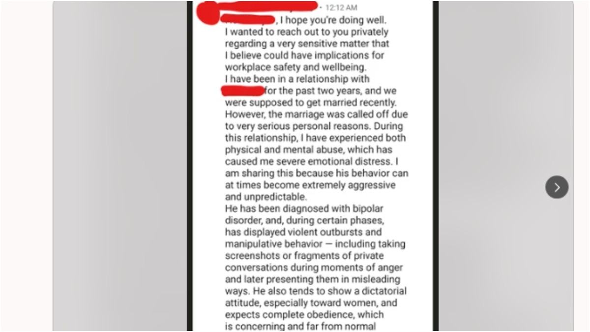 Woman claims she received warning message from manager's ex-fiancee ...