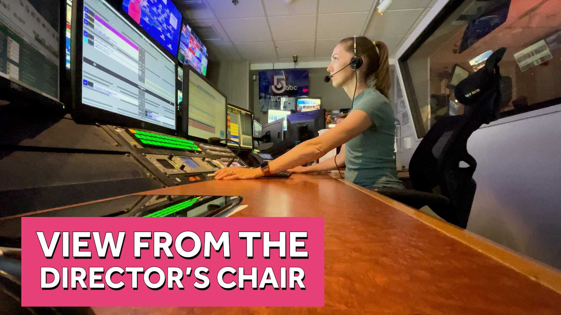 Behind-the-scenes view of director’s seat during newscast