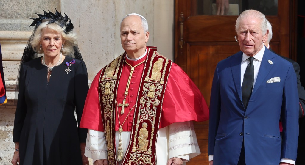 Queen Camilla Greets Pope Leo XIV in Fiona Clare Dress and New Philip ...