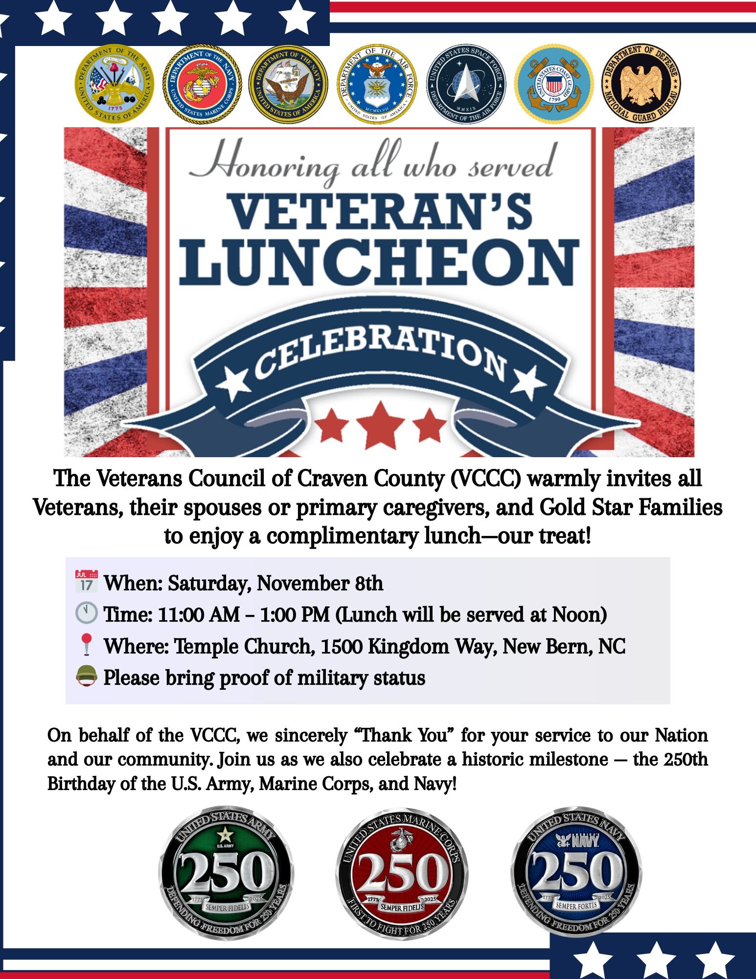 Craven County Veteran’s Council hosting Veteran’s Day Luncheon