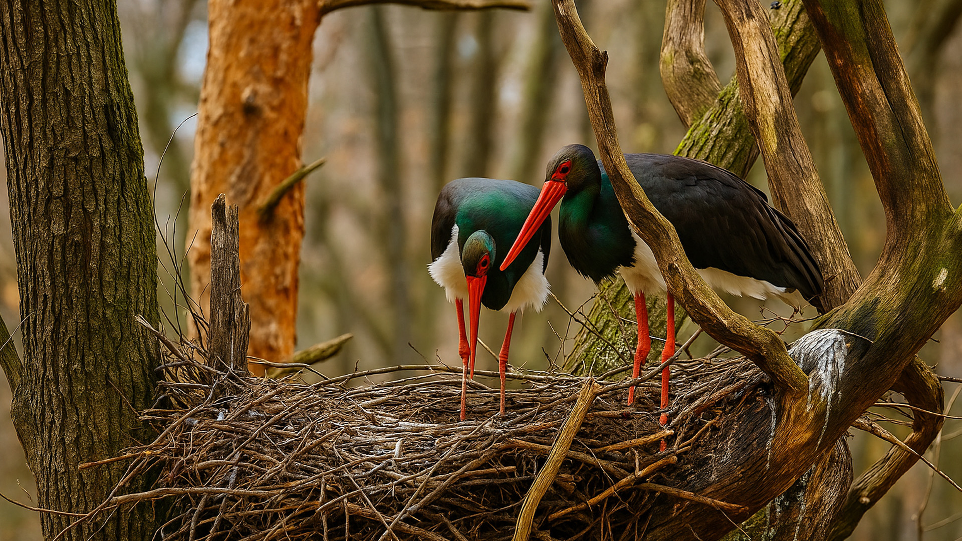 Een stel zwarte ooievaars bouwt een nest in de natuur