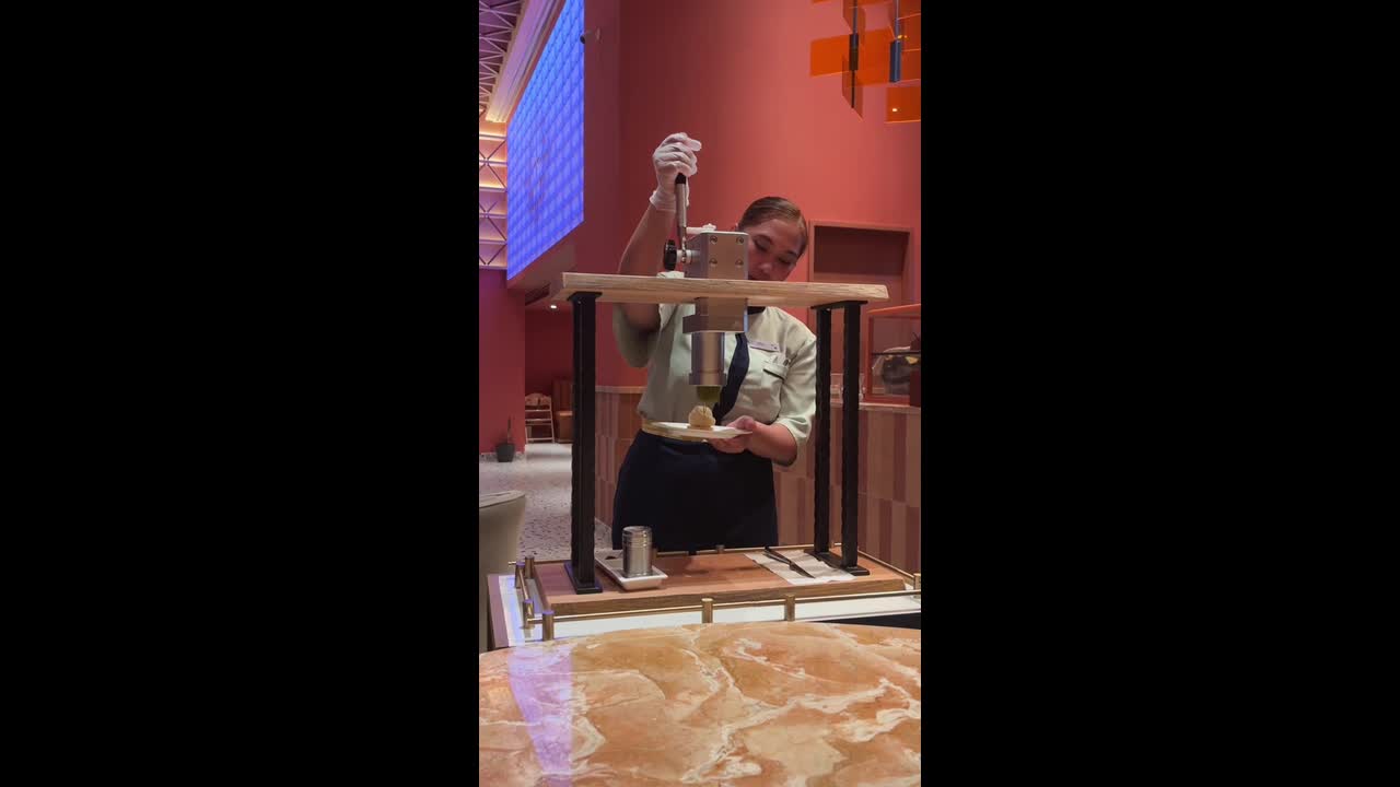 Oddly satisfying Matcha Mont Blanc ice cream oozes from machine