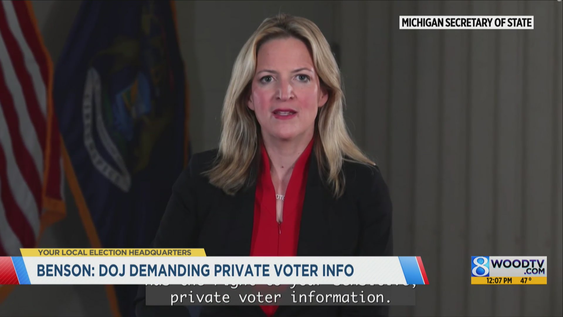 Benson says DOJ is asking for private voter information